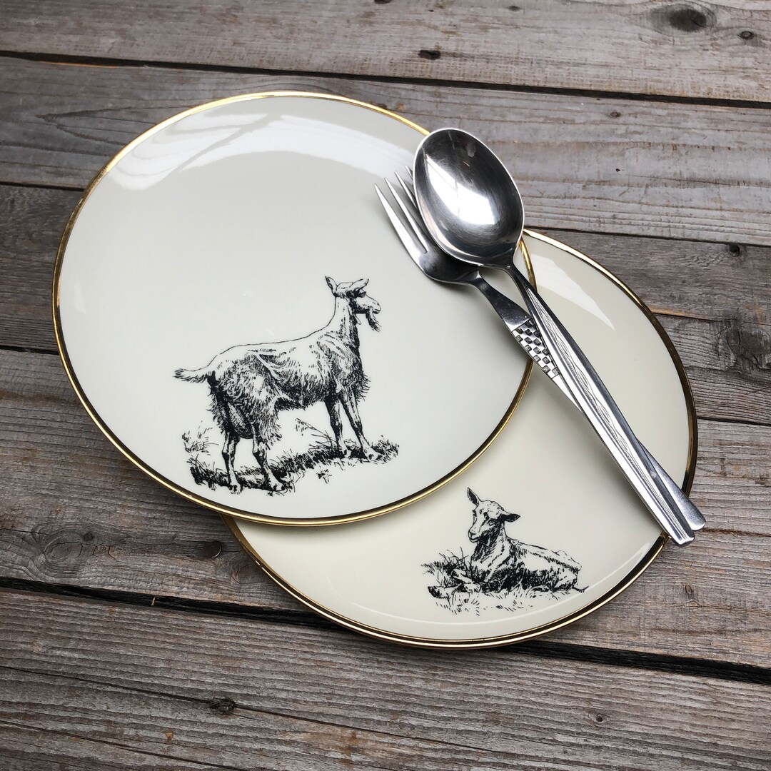 Goat Plates, 2 Pieces in a Set, Hand-printed Vintage Porcelain With ...