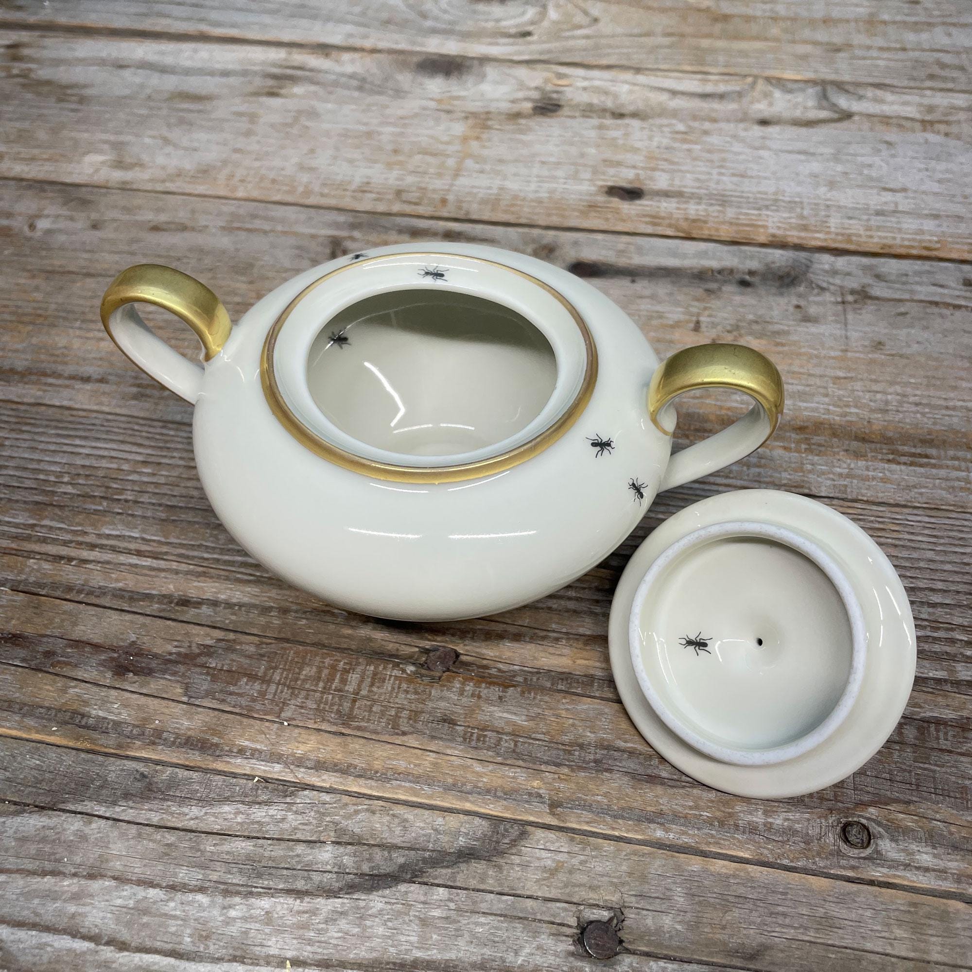 Sugar Bowl "ants", Vintage Porcelain With Gold Rim and Handmade Motifs ...