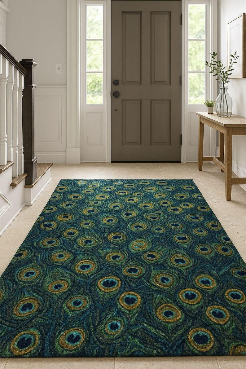 Hand-tufted Wool Peacock Feather Rug: Teal & Gold Exotic Carpet - Etsy