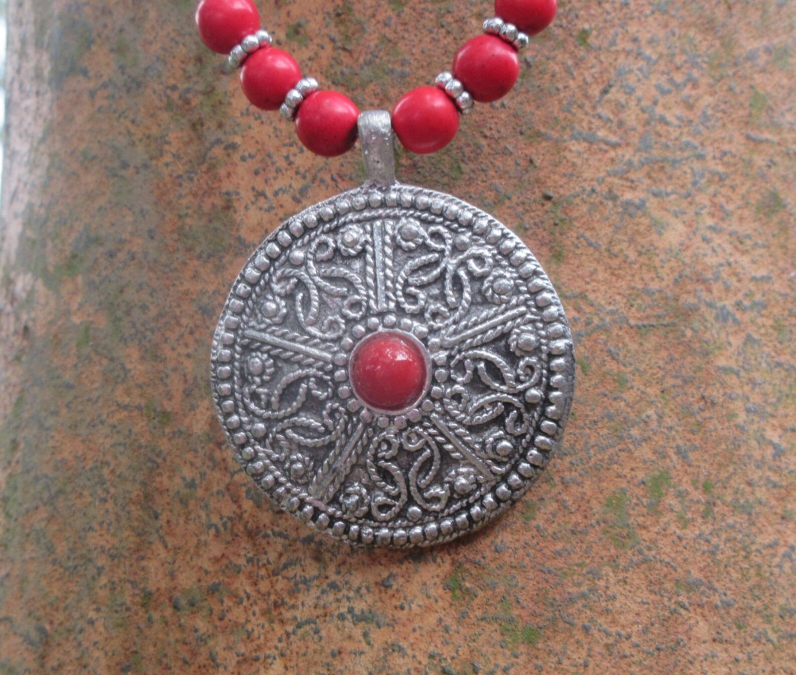 Medallion Red Bead And Chain Long Necklace Set | Etsy