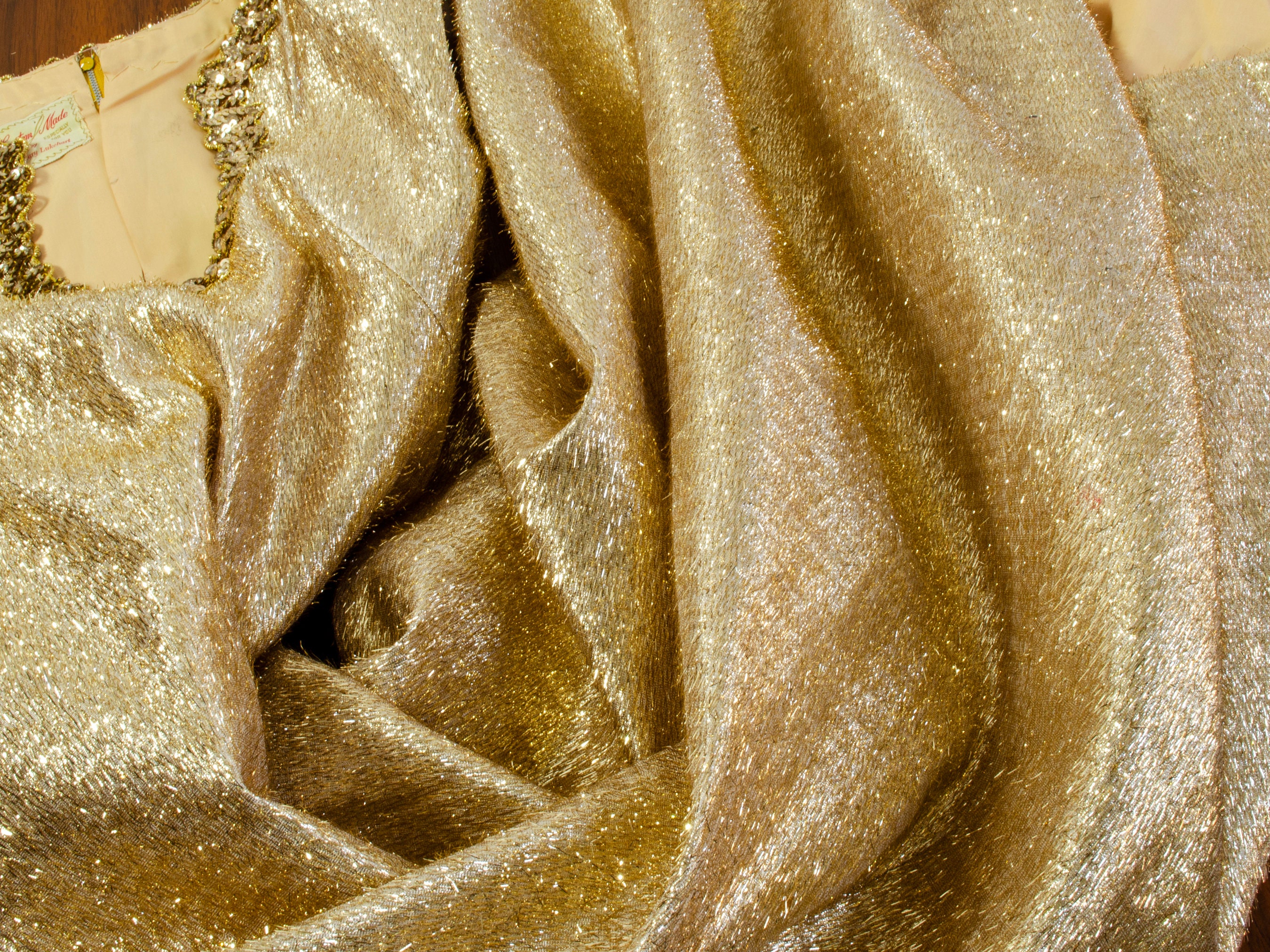 Mary Lukehart Bespoke Gold Lamé Fringe Column Gown With Bead and Sequin ...