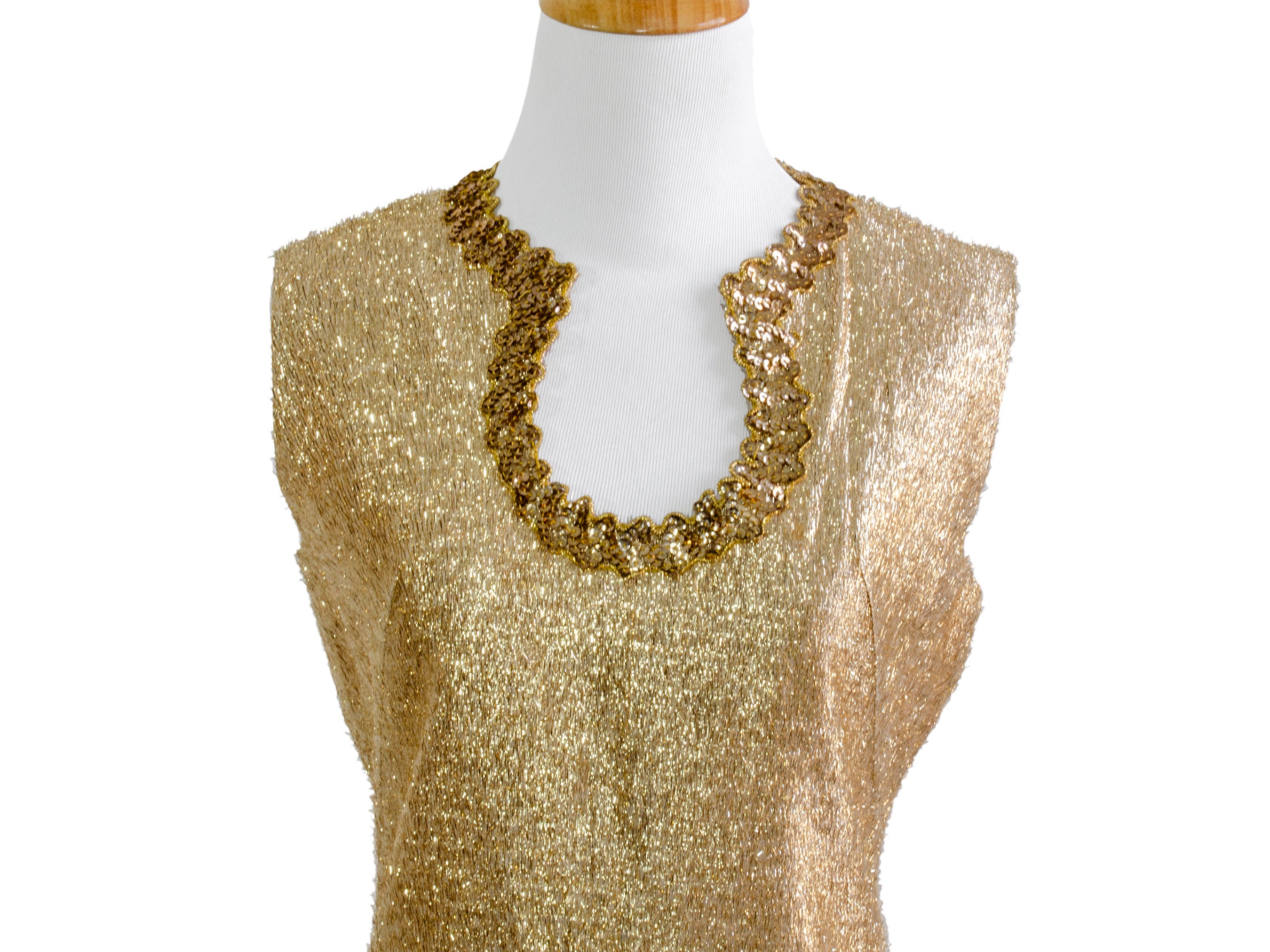 Mary Lukehart Bespoke Gold Lamé Fringe Column Gown With Bead and Sequin ...
