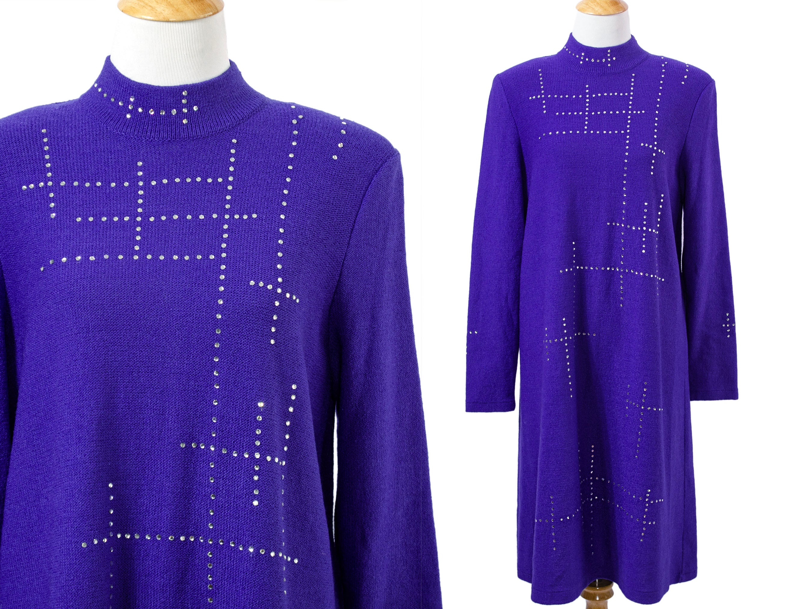 Sparkling Deep Purple Knit Dress With Plaid Rhinestone Embellishments ...