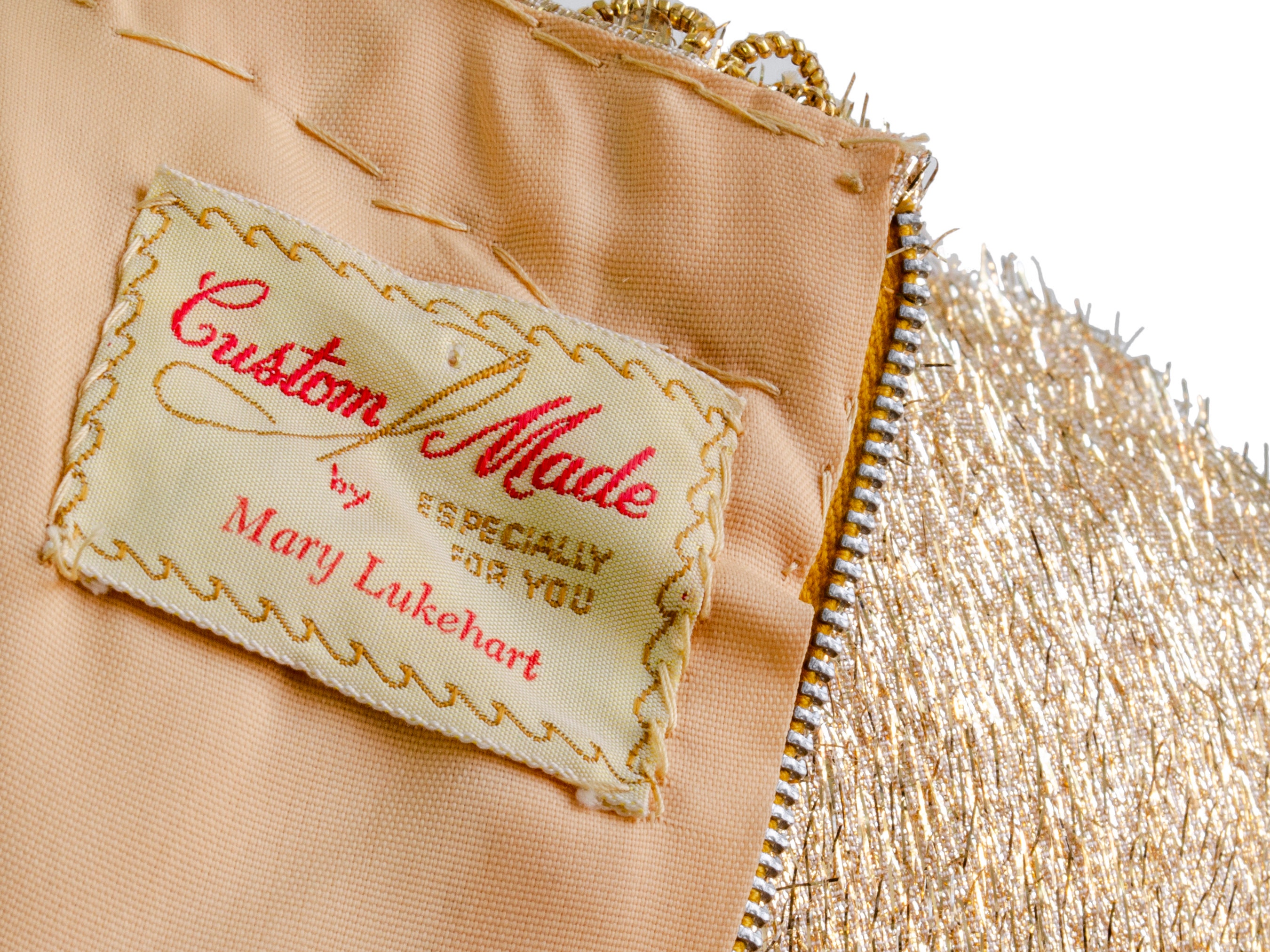 Mary Lukehart Bespoke Gold Lamé Fringe Column Gown With Bead and Sequin ...