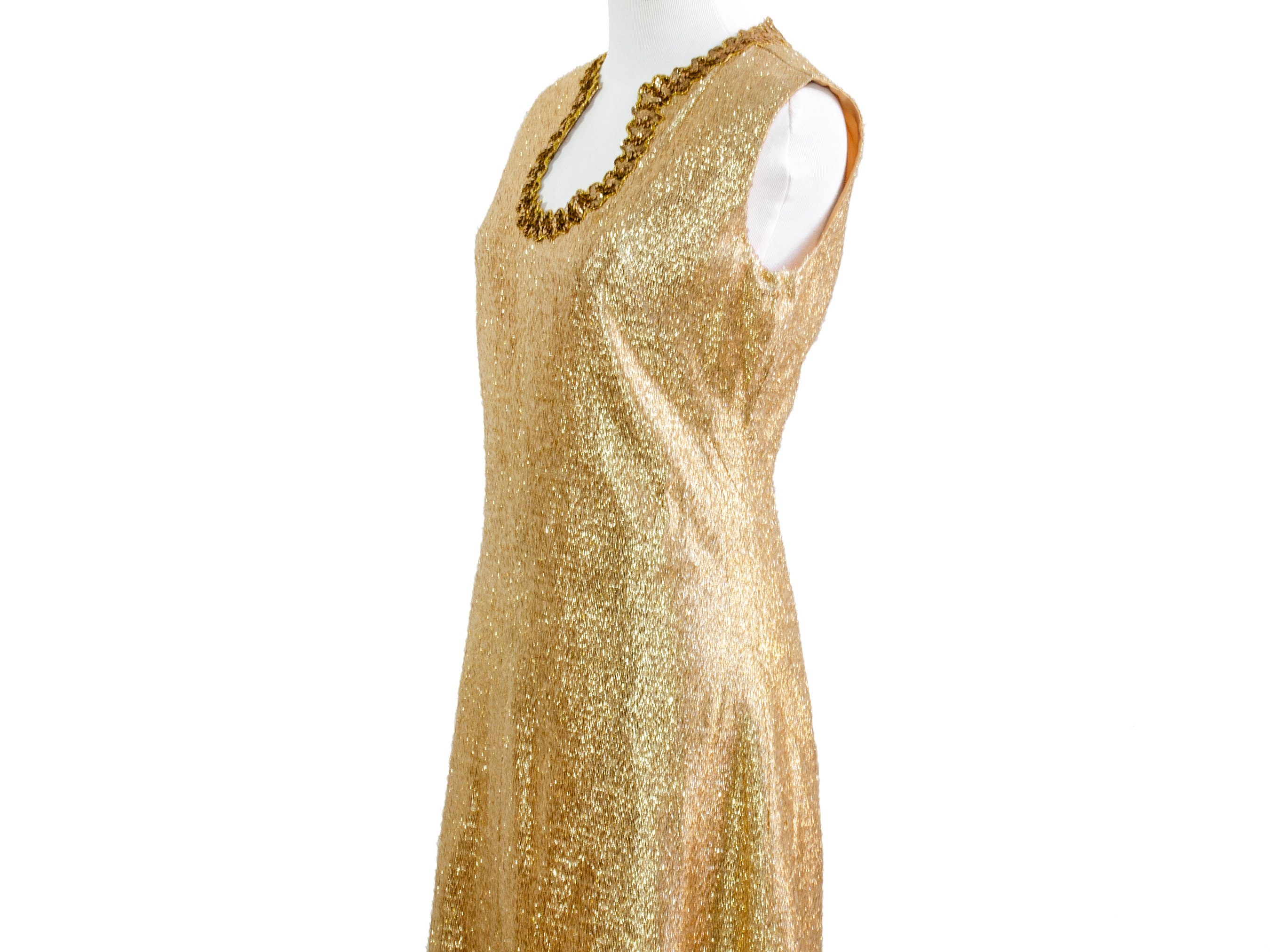 Mary Lukehart Bespoke Gold Lamé Fringe Column Gown With Bead and Sequin ...