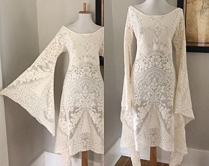 Bohemian Elopement Dress, Boho Lace Wedding Dress, Bell Sleeve Wedding ...