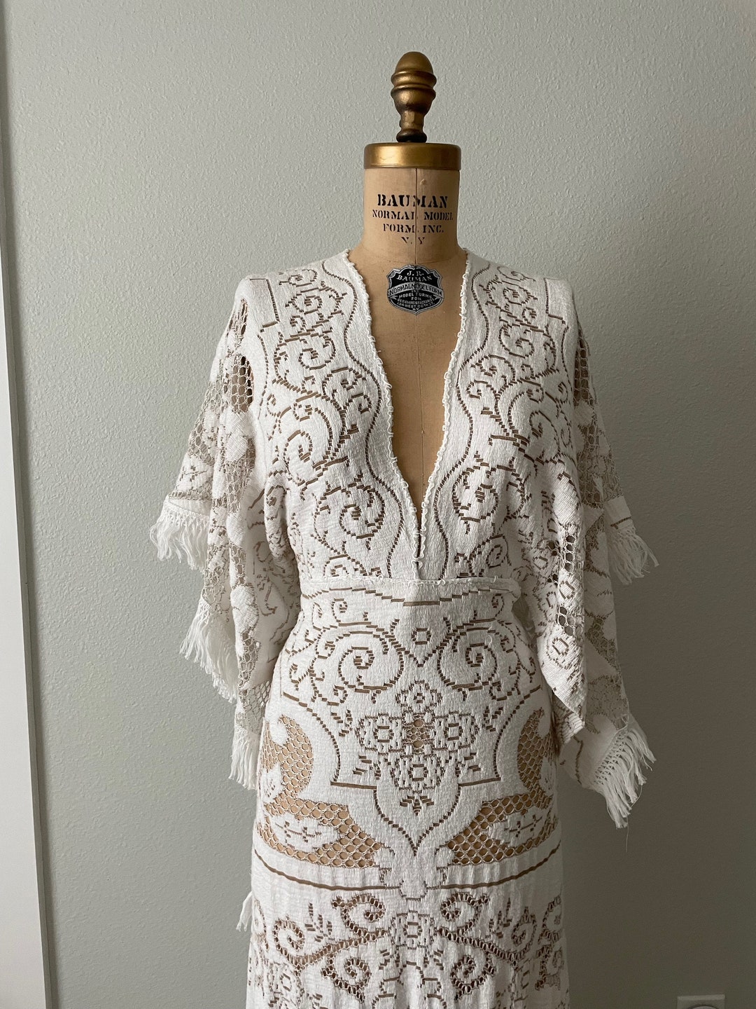 Off White & Brown Lace Rustic Wedding Dress, Photoshoot Dress, Deep V ...