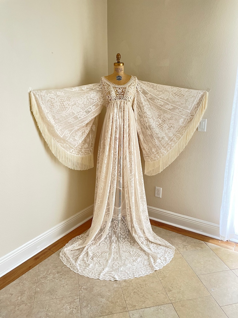 Boho Cream Lace Wedding Dress With Fringe Sleeves Maternity - Etsy
