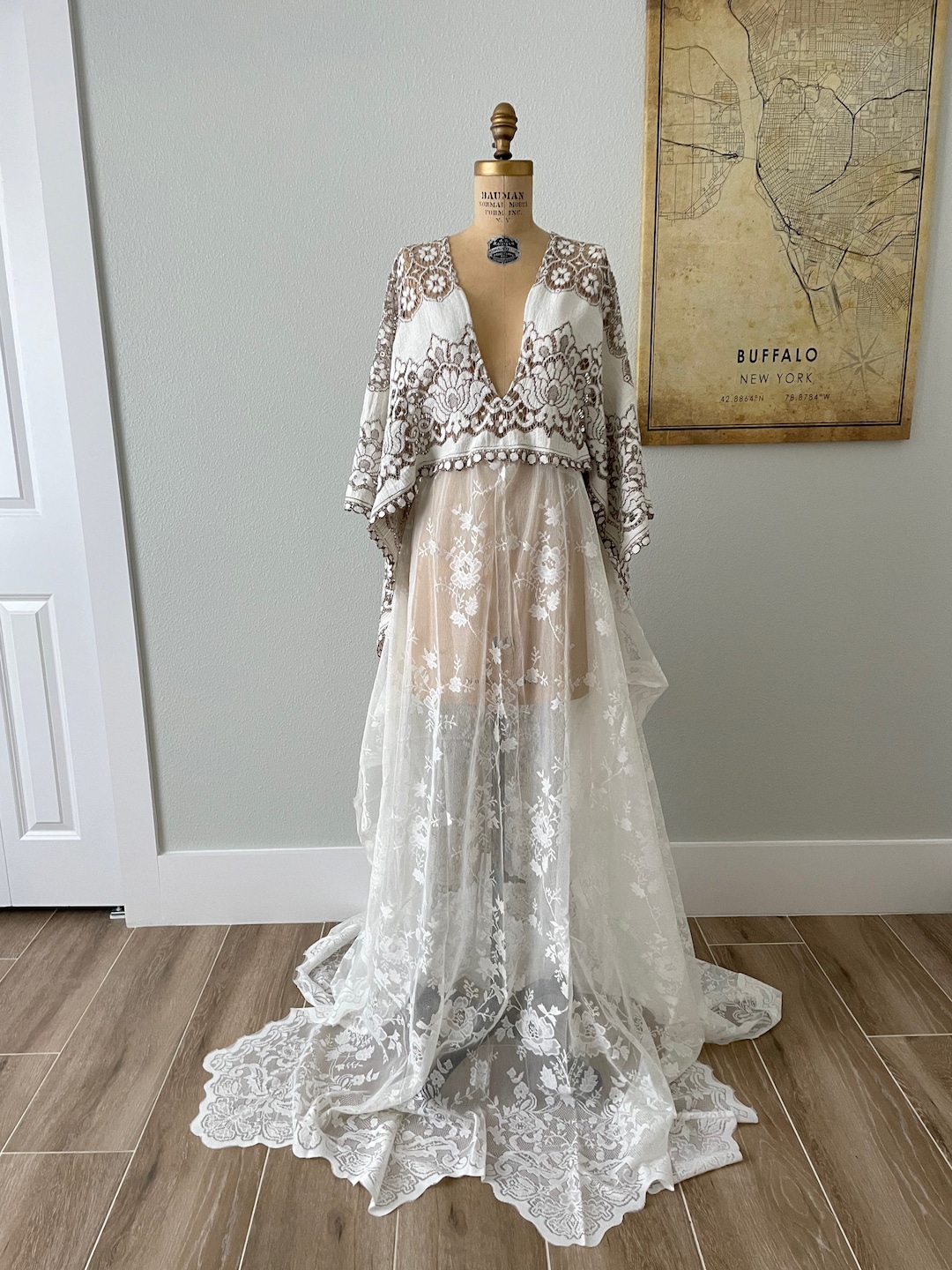 Vintage Lace Wedding Dress, Two Tone Lace, Plunging, Deep V Wedding ...