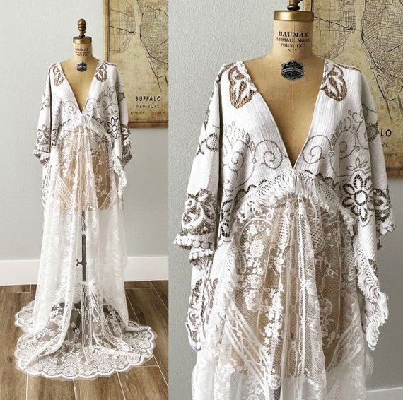 Vintage Lace Wedding Dress Two Tone Lace Plunging Deep V - Etsy