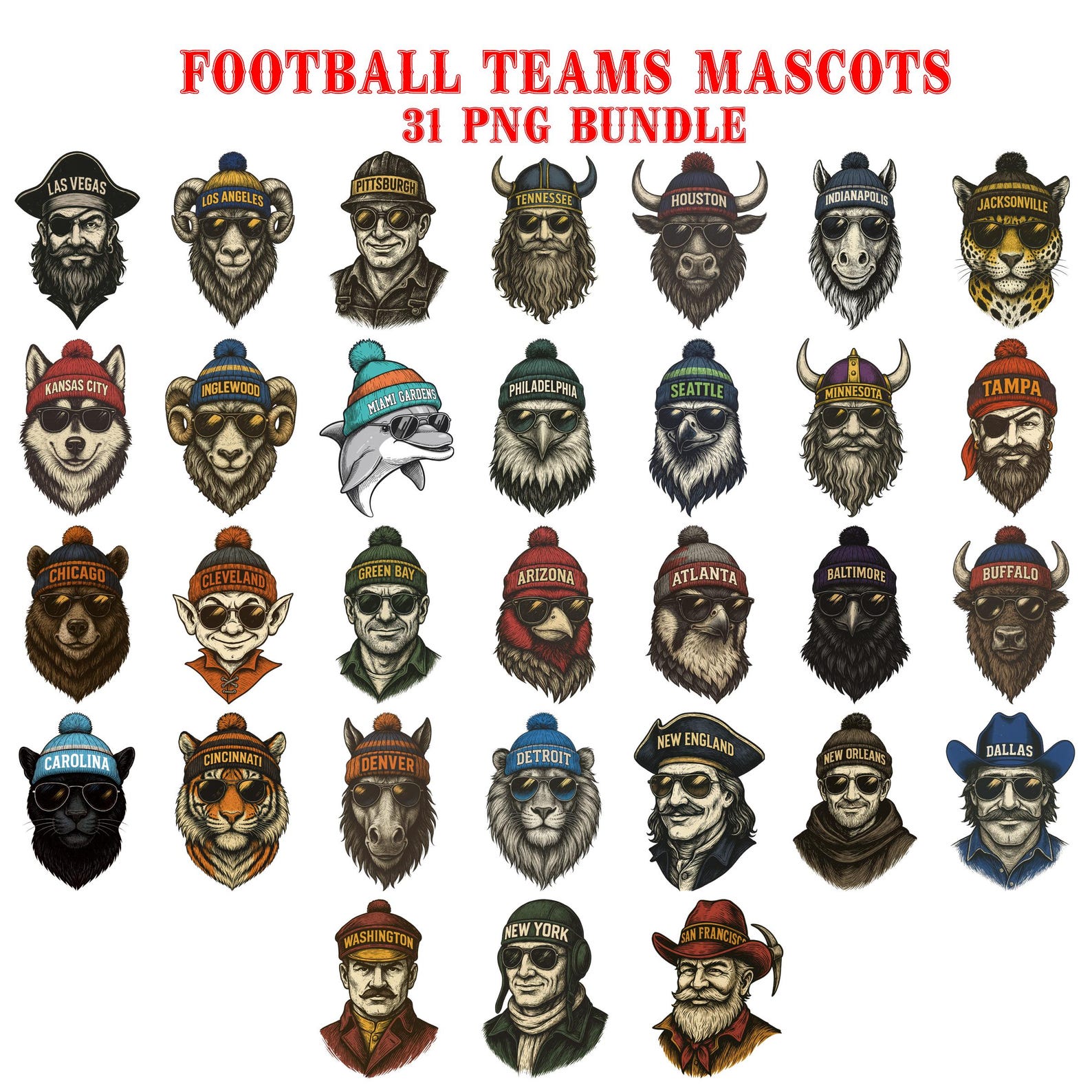 Vintage Football Team Mascot PNG Bundle, Retro Football Mascot PNG ...