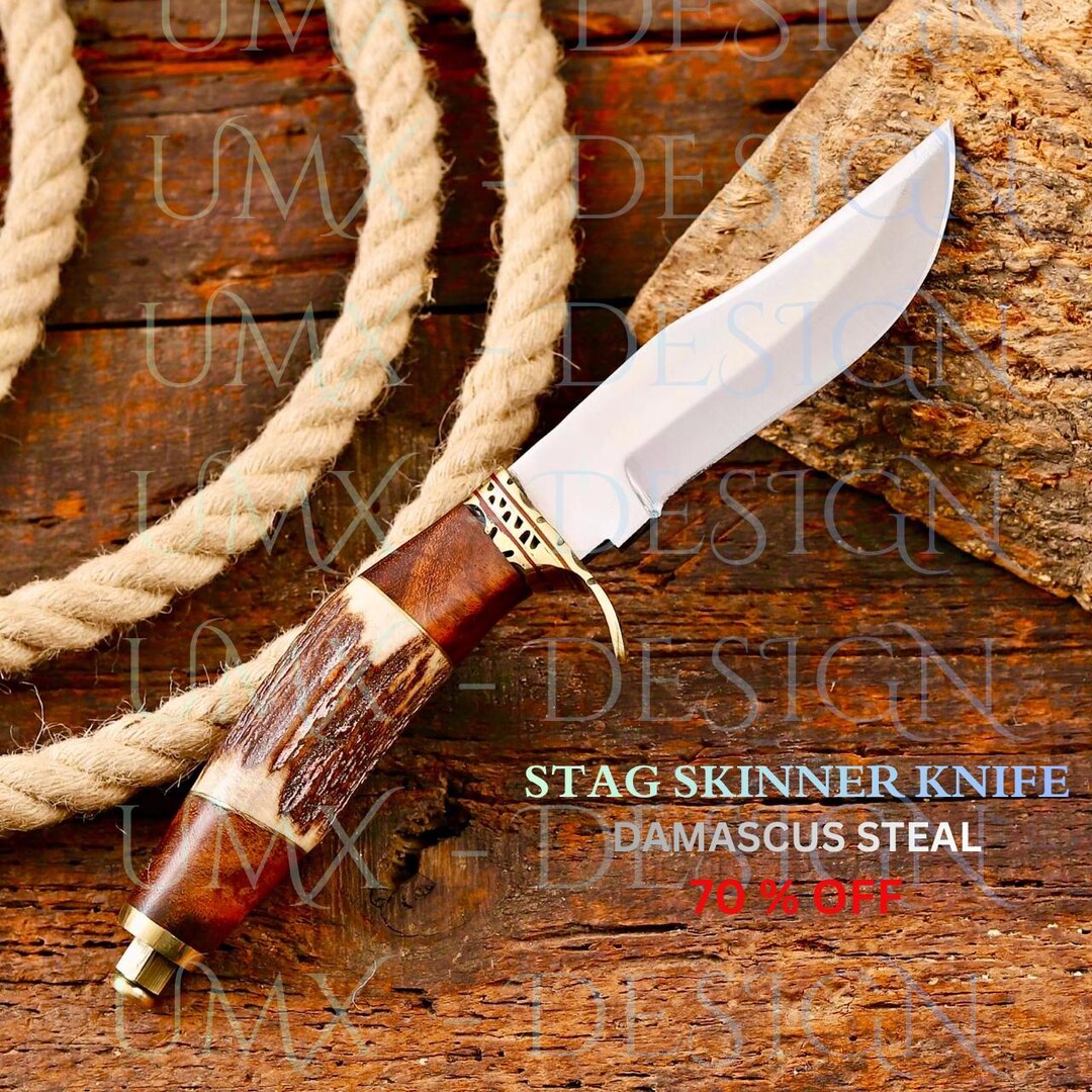 Handmade Damascus Stag Handle Skinner Knife | EDC Hunting & Camping ...