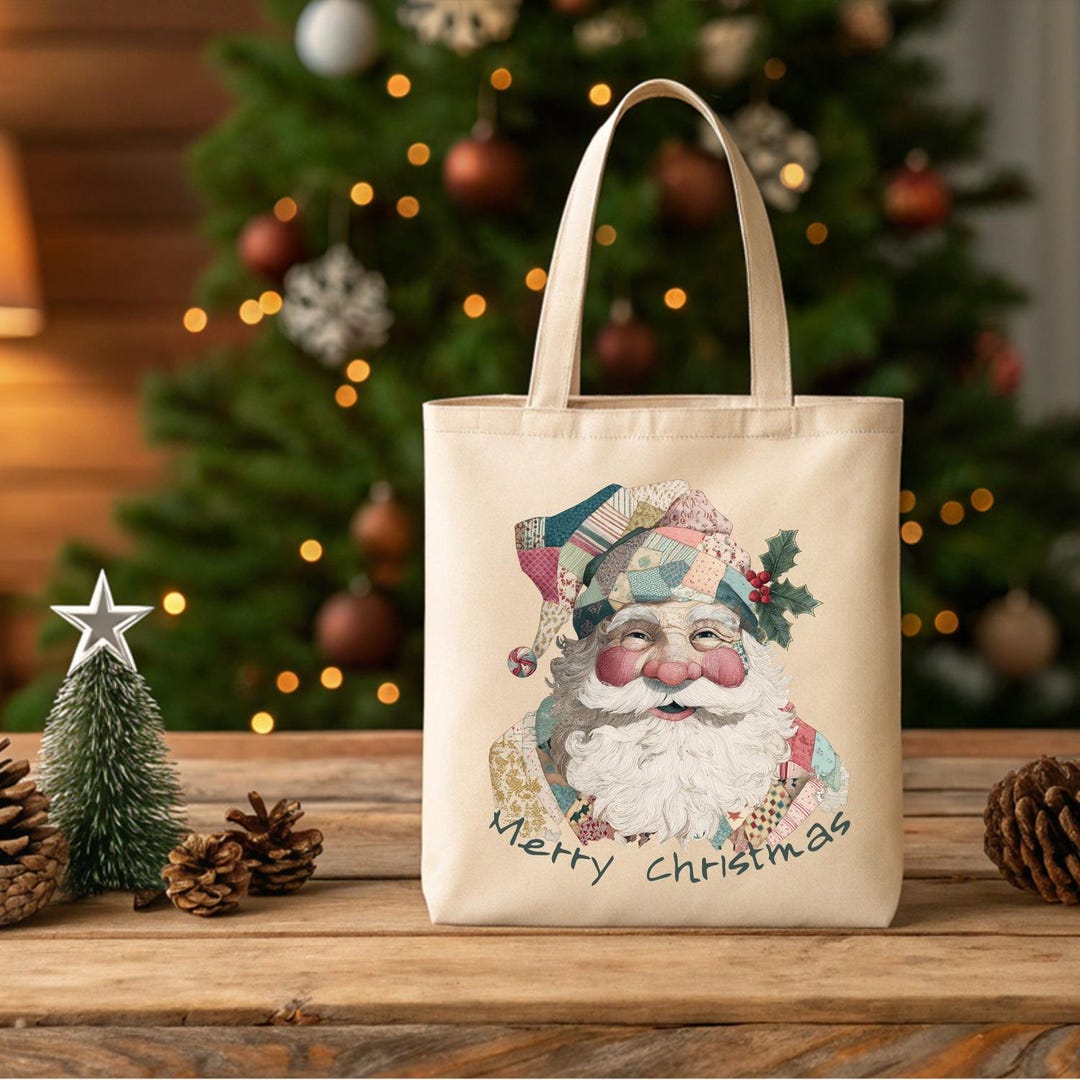 Patchwork Santa Tote Bag, Santa Tote Bag, Christmas Tote Bag, Christmas ...