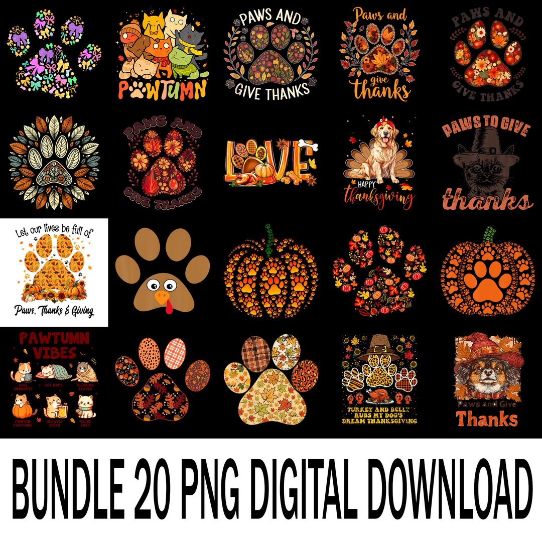 Paws and Give Thanks PNG, Floral Dog Paw Thanksgiving Clipart, Fall Pet ...