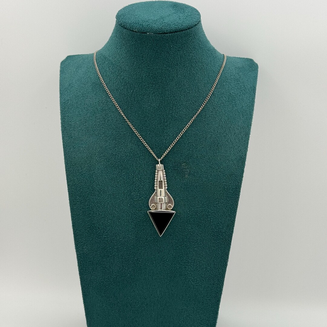 Art Deco Rocket Sterling Silver Onyx Pendant Necklace, Geometric ...
