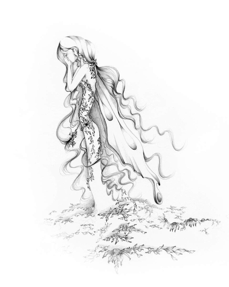 Fairy Pencil Drawing Fine Art Print of a Fairy Sad Grieving | Etsy