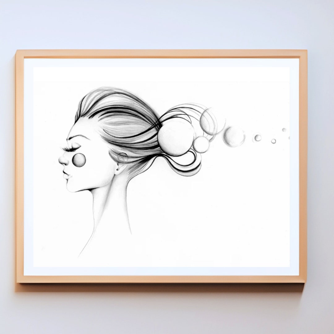 Modern Minimalist Pencil Drawing Illustration of a Girl Women in Art ...