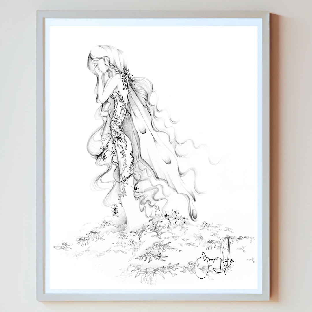Minimalist Fairy Pencil Drawing Fine Art Print. Black and White Wall ...