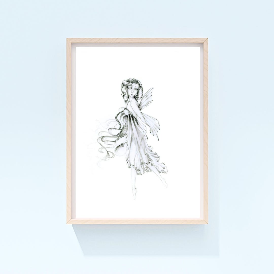 Minimalist Fairy Pencil Drawing Fine Art Print. Black and White Wall ...