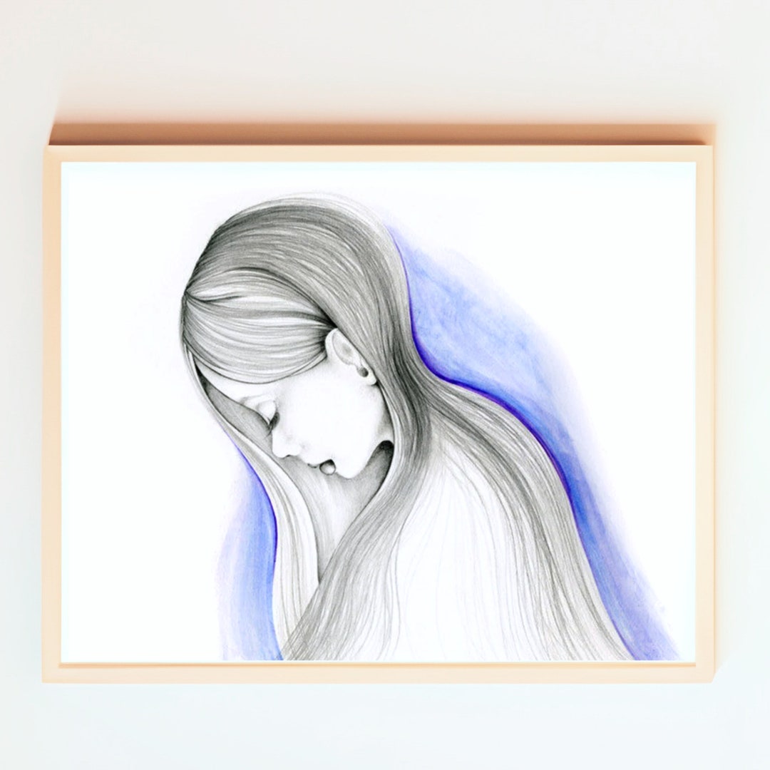 Sad Girl Minimalist Watercolor Painting Pencil Drawing, Blue Fine Art ...