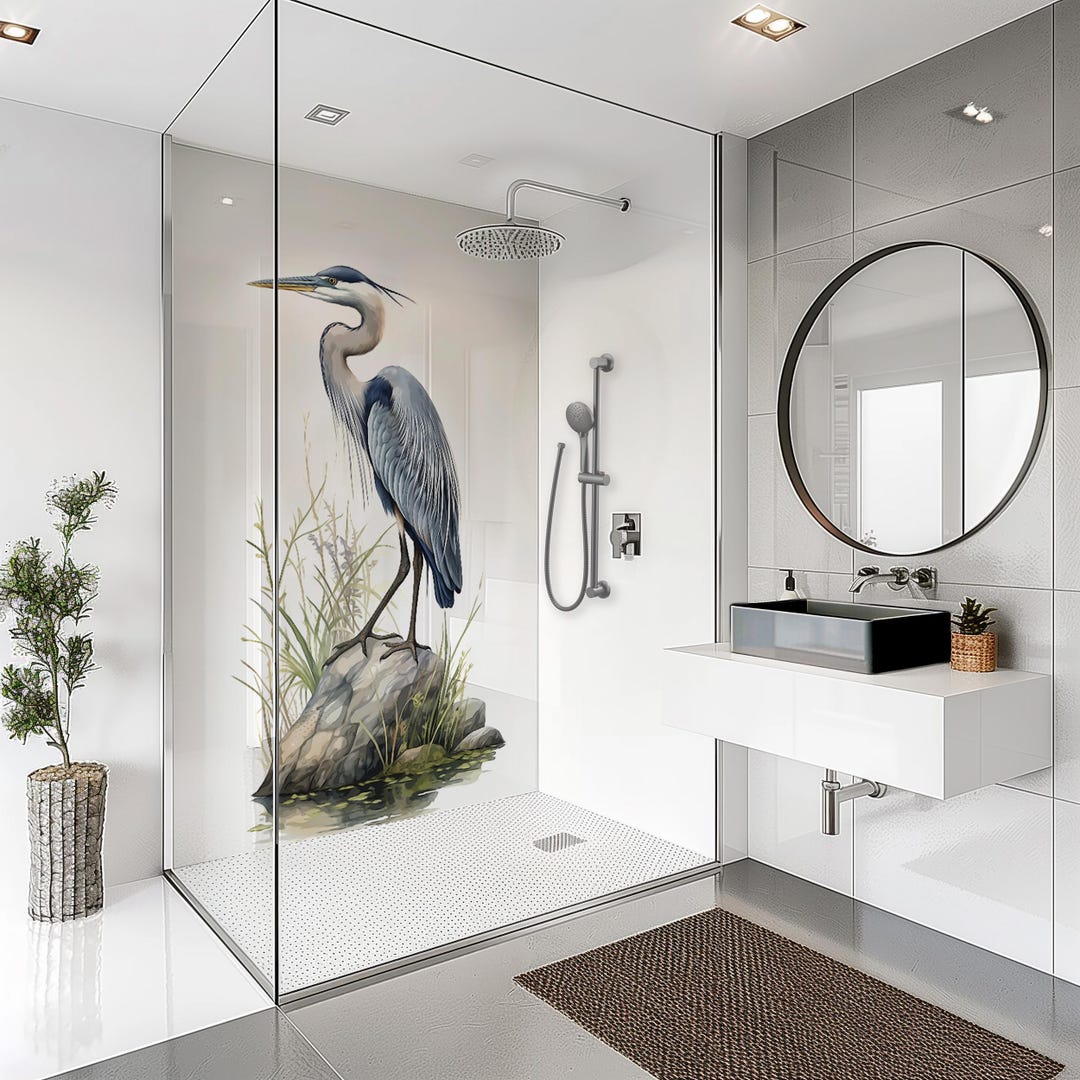 Blue Crane Bird Shower Panel, Waterproof Grout-free Bathroom Cladding ...