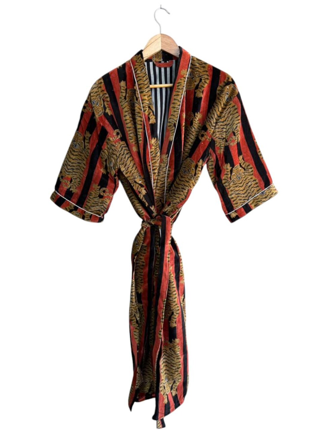 Black Tiger Stripe Velvet Kimono Robe: Handmade Cotton Velvet - Etsy