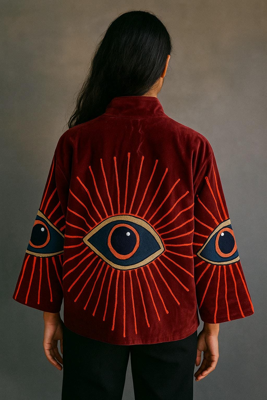 Eye Embroidery Velvet Jacket, Handmade Boho Festival Coat, Artistic ...