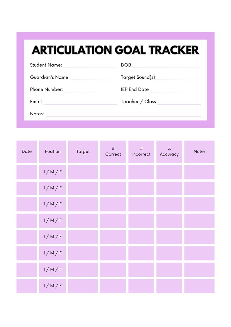 Articulation Goal Tracker Printable PDF for Speech Therapy, Slps, and ...