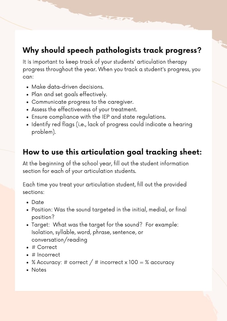 Articulation Goal Tracker Printable PDF for Speech Therapy, Slps, and ...