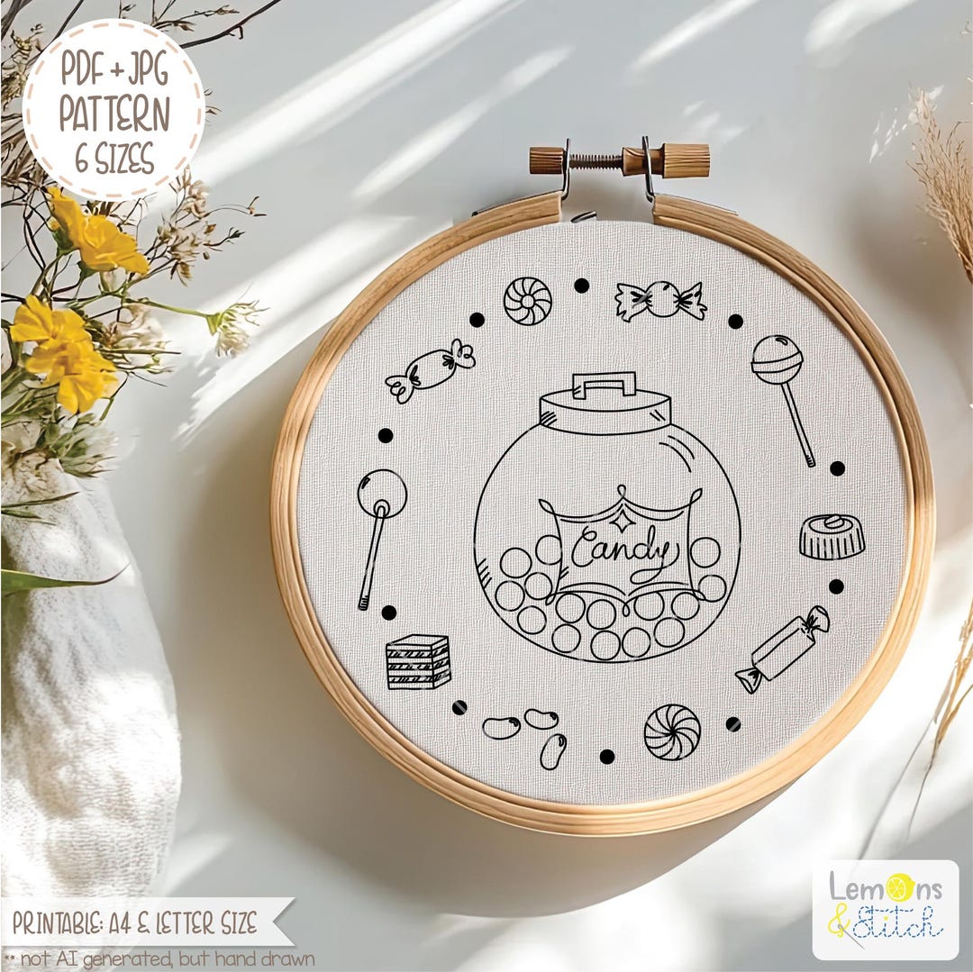 Gumdrop Candy Jar Hand Embroidery Pattern: Lollipop, Jelly Beans ...