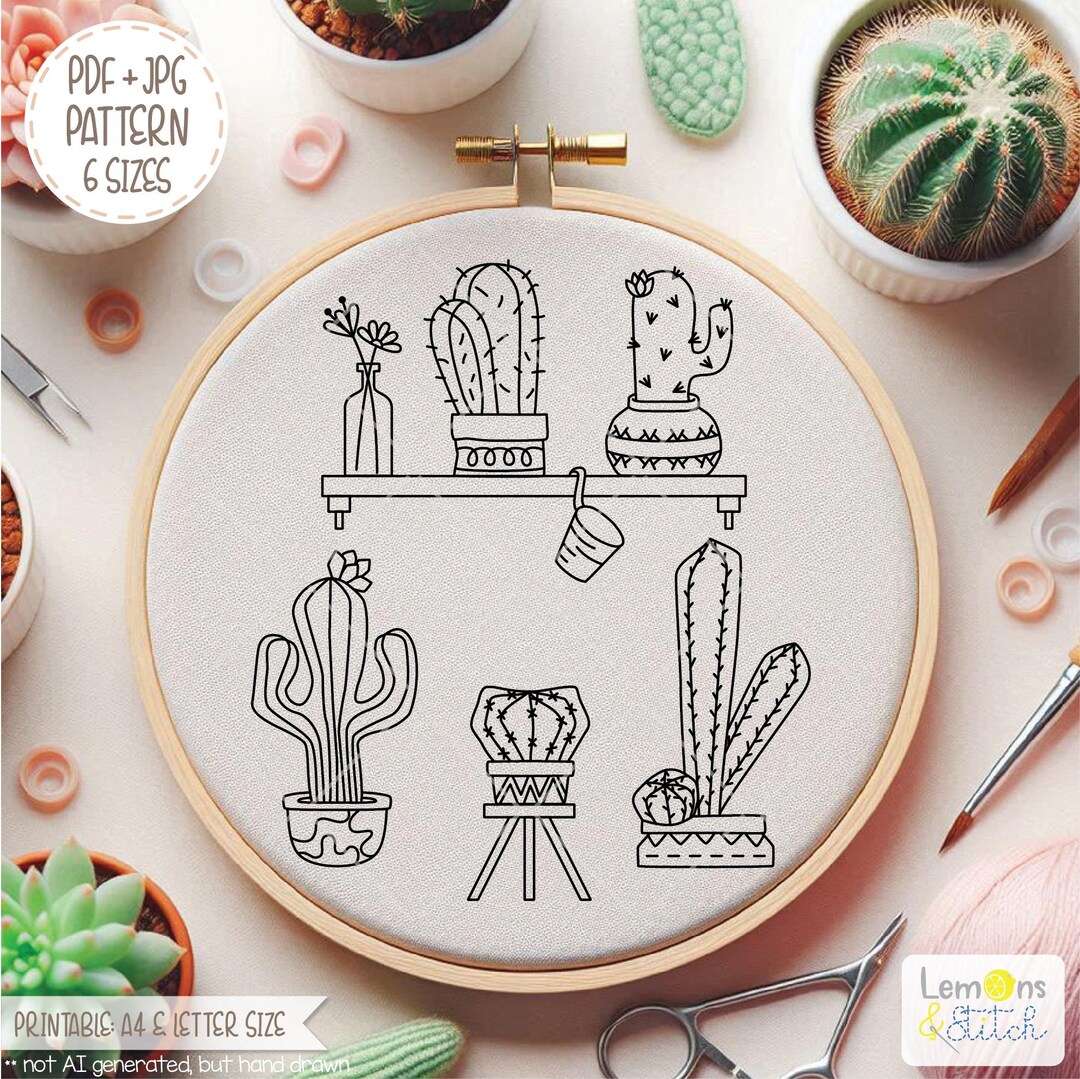 Cactus Hand Embroidery Pattern: Shelf, House Plants, Succulent, Flower ...