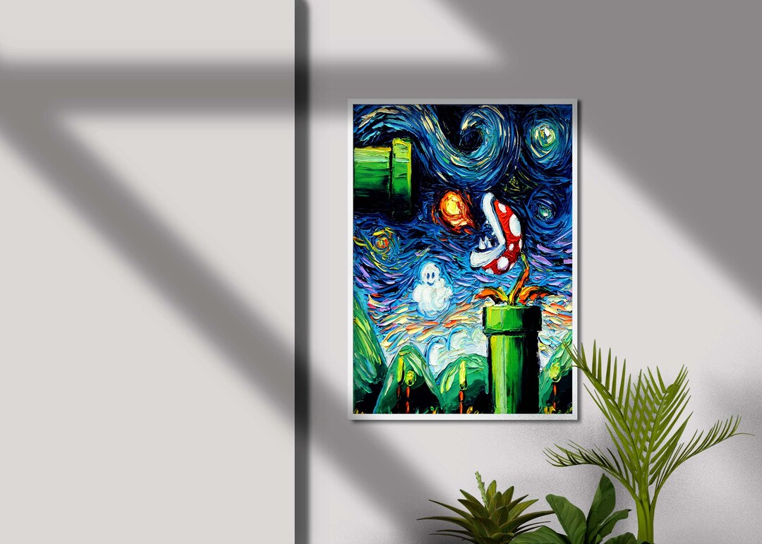 Starry Night Mario Wall Art Canvas, Colorful Gaming Painting, Whimsical ...