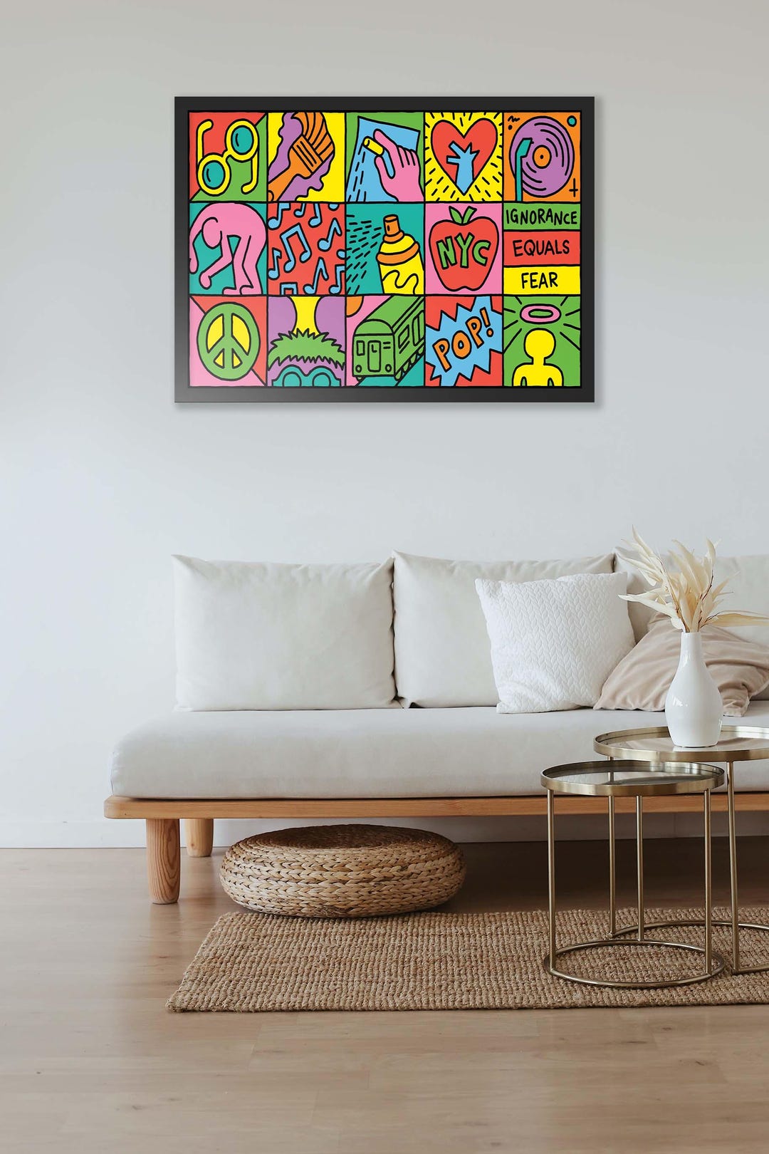 Vibrant Pop Art Grid Canvas Print, Iconic Keith Haring Inspired Figures ...