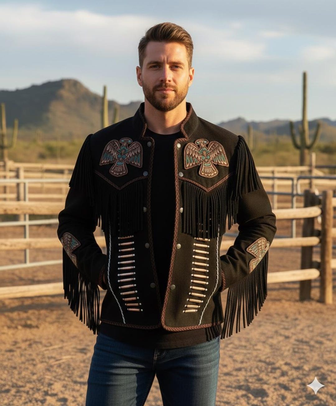 Men’s Western Cowboy Fringe Suede Traditional Leather Jacket-black ...