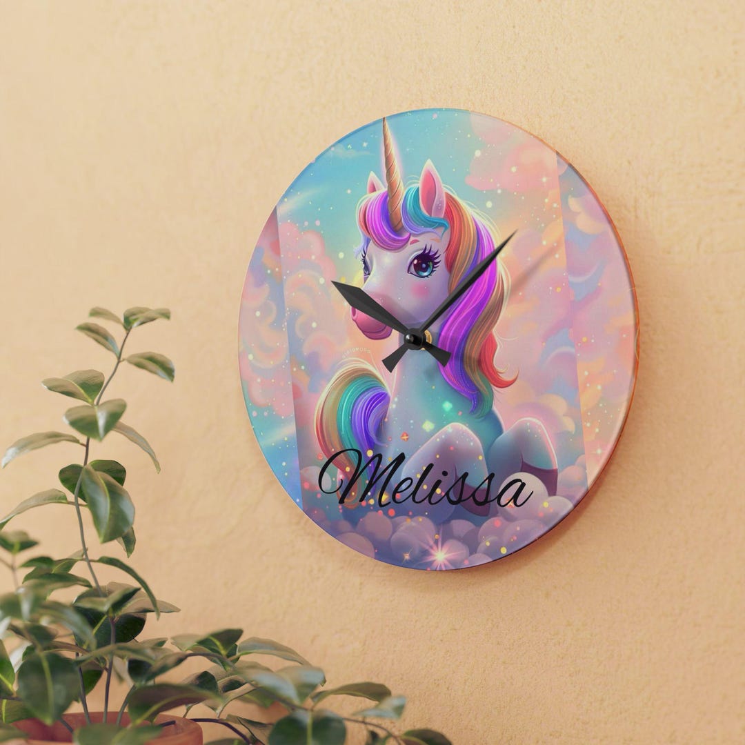 Rainbow Unicorn Name Clock Acrylic Wall Clock | Personalized Nursery ...
