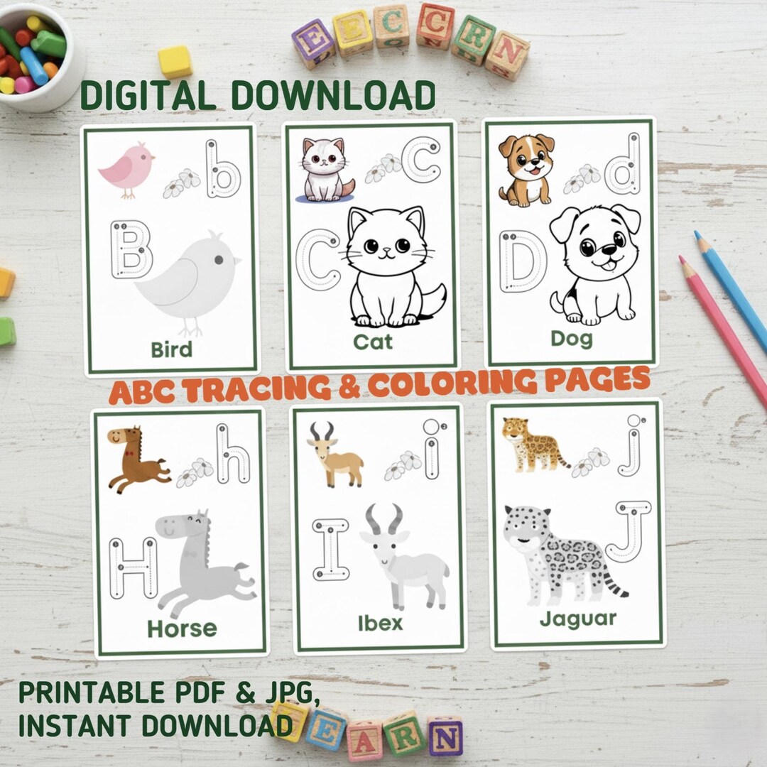 Alphabet Animals Coloring Book | Kids Printable PDF JPG | ABC Letters ...