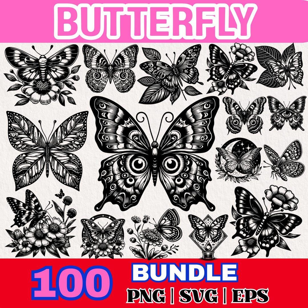 Butterfly Clipart Bundle 100 Designs PNG SVG EPS | Vintage Butterfly ...