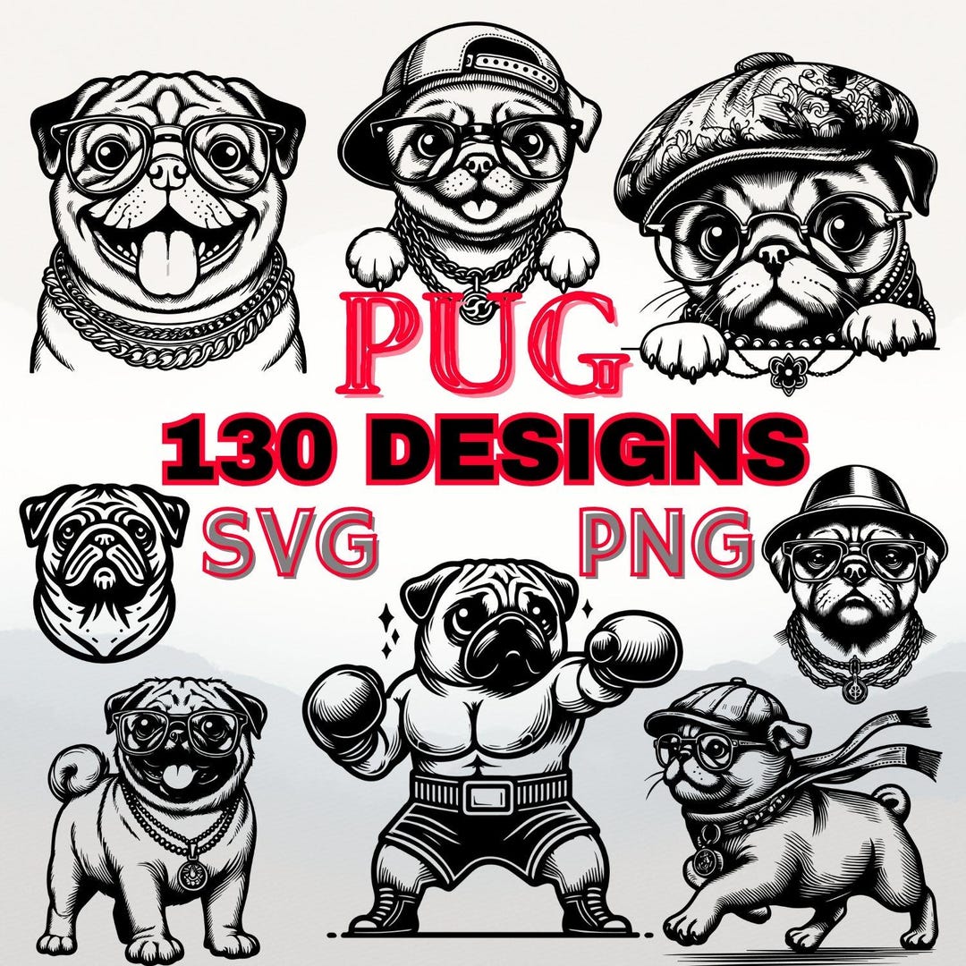 Pug SVG PNG Bundle, 130 Funny Dog Clipart Designs - Etsy