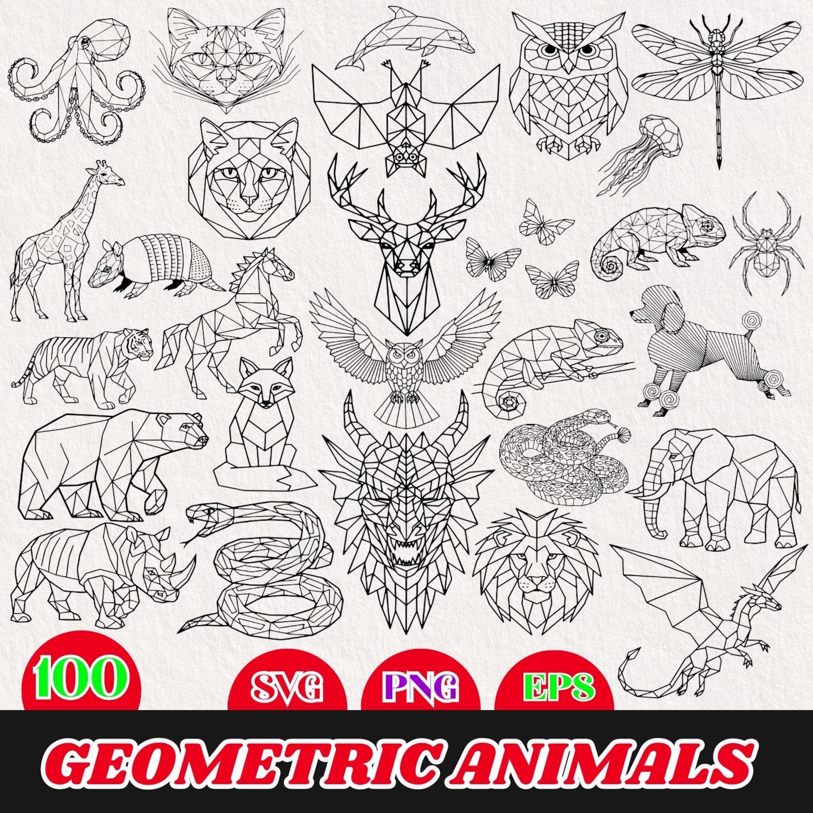100 Geometric Animals SVG Bundle, Low Poly Animal Clipart Set, Polygon ...