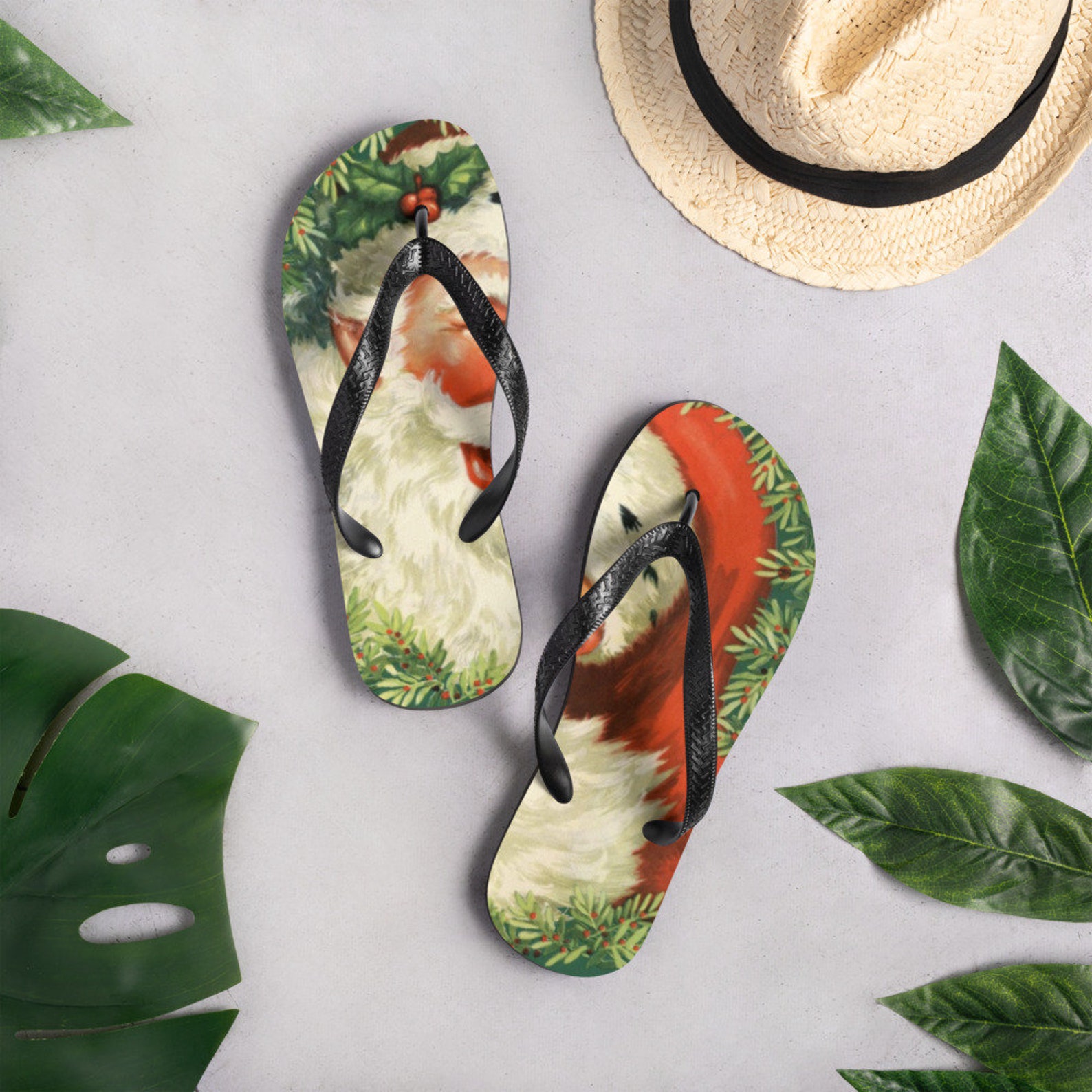 Vintage Santa Claus Christmas Wreath Holiday Retro Flip-flops Sandals ...