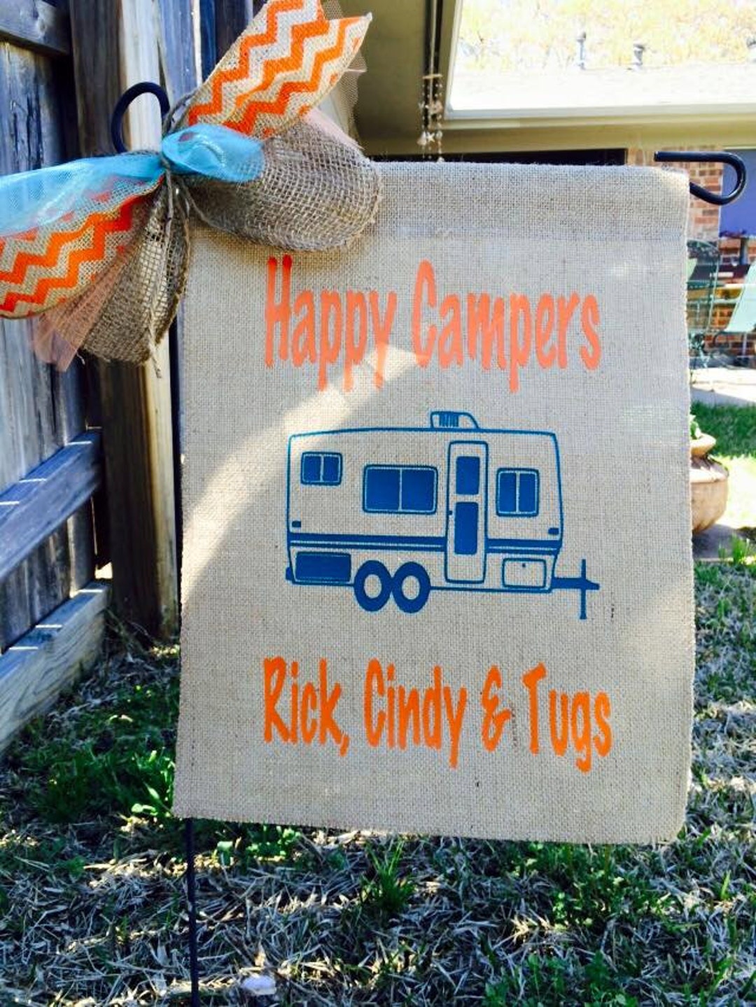 HAPPY CAMPER RV Travel Trailer Motorhome Burlap Flag Garden Flag 5th ...