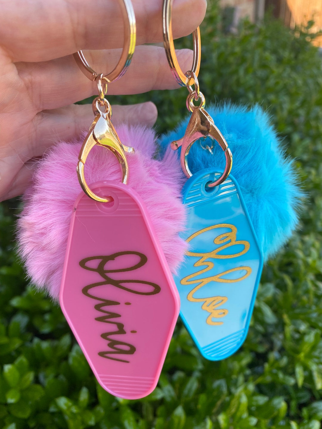 Personalized Motel Keychain With Fuzzy Ball - Gold Hardware - Etsy