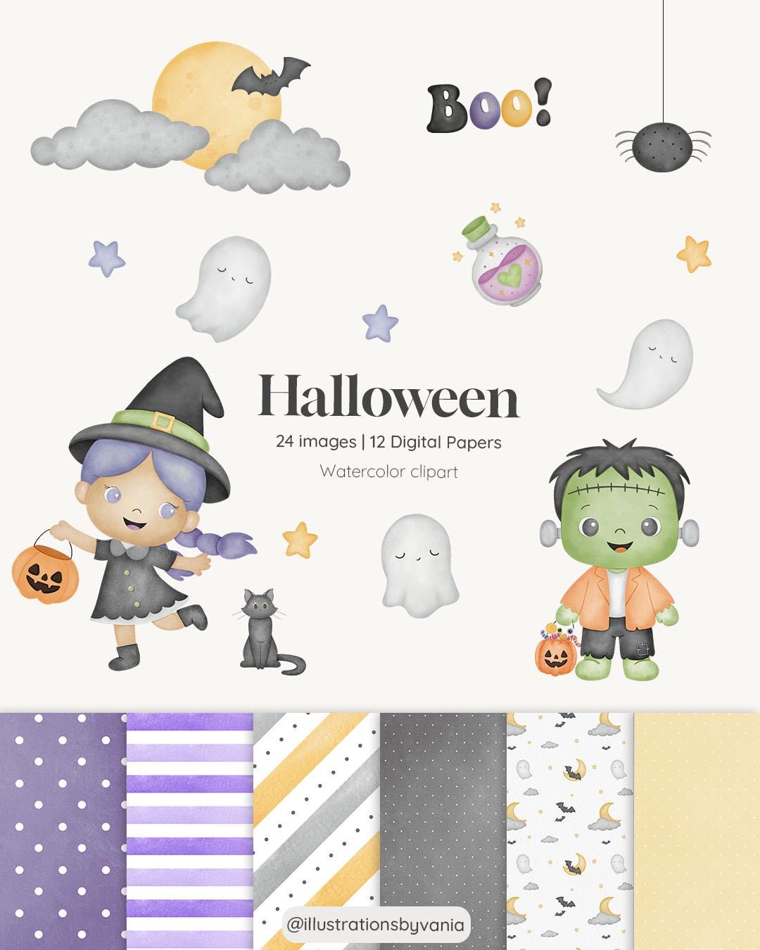 Cute Halloween Watercolor Clipart, Cute Halloween PNG, Ghost Witch Cat ...