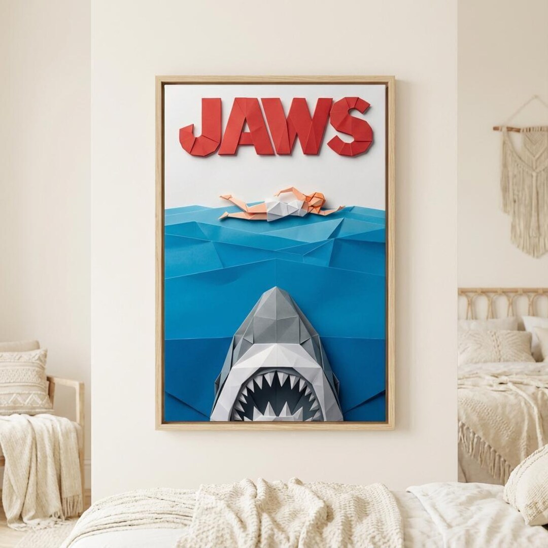 Jaws Origami Shark Canvas Wall Art | Minimal Ocean Theme Print | Modern ...