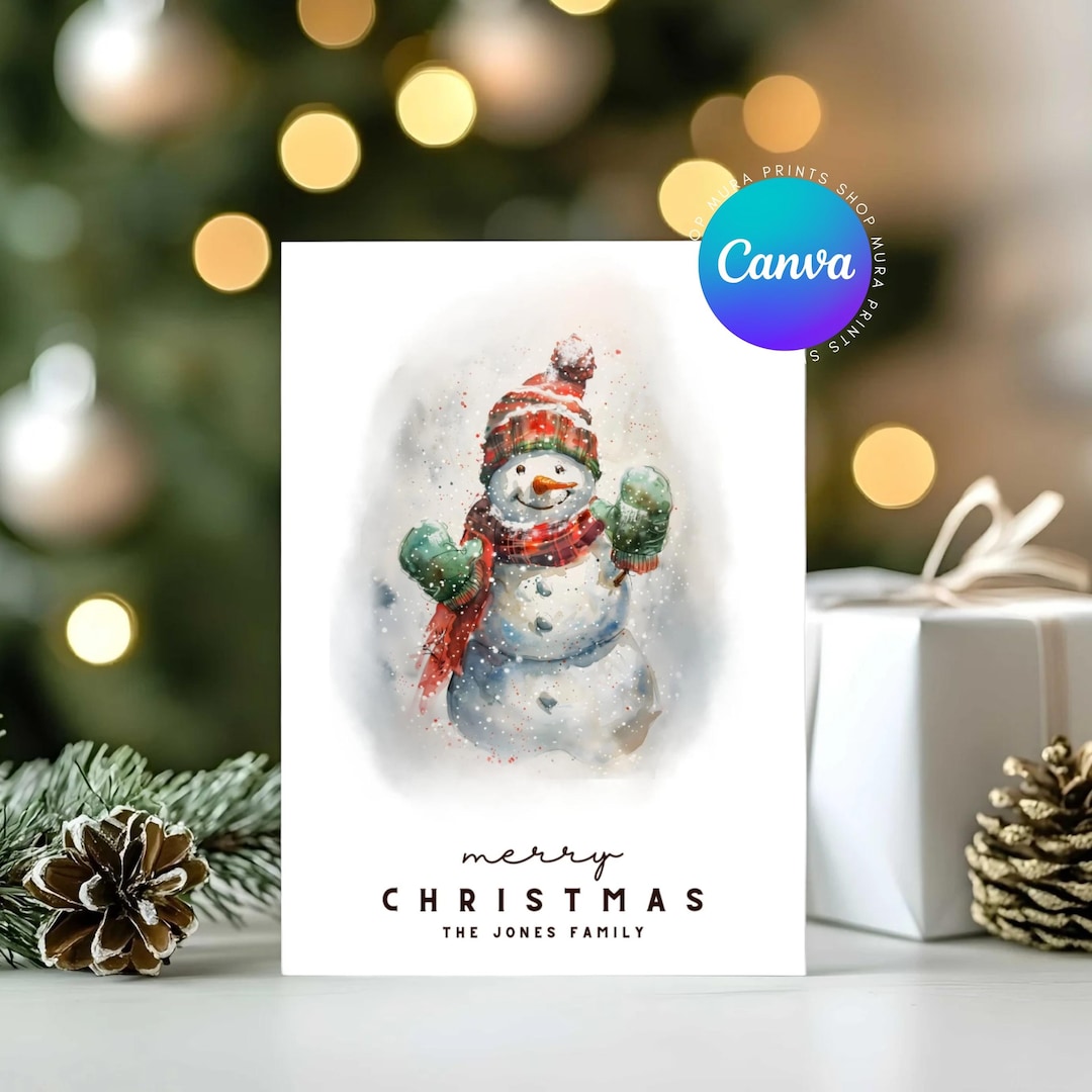 Watercolor Snowman Christmas Card: Editable Canva Template (digital ...