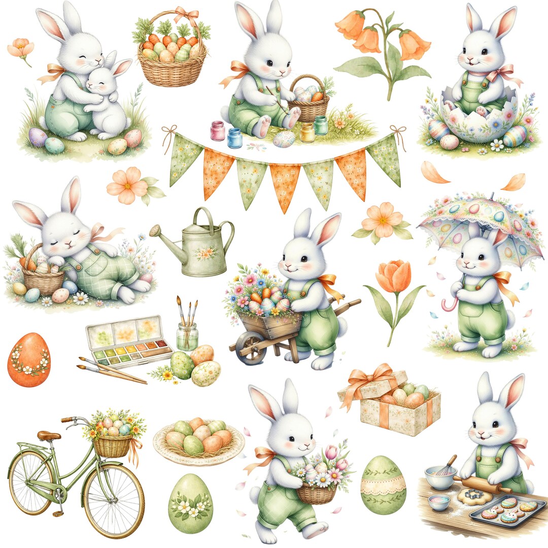60+ Easter Bunny Watercolor Clipart Set, Cute Digital Kit, 300 DPI PNG ...
