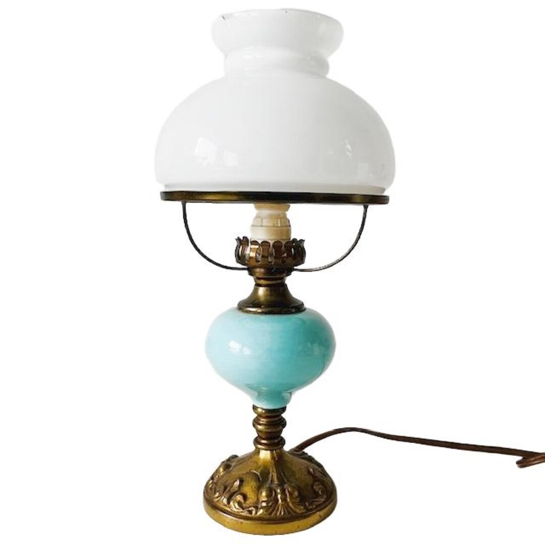 Antique Electric Converted Oil Lamp Brass Turquoise Glass Upcycled 1900 ...