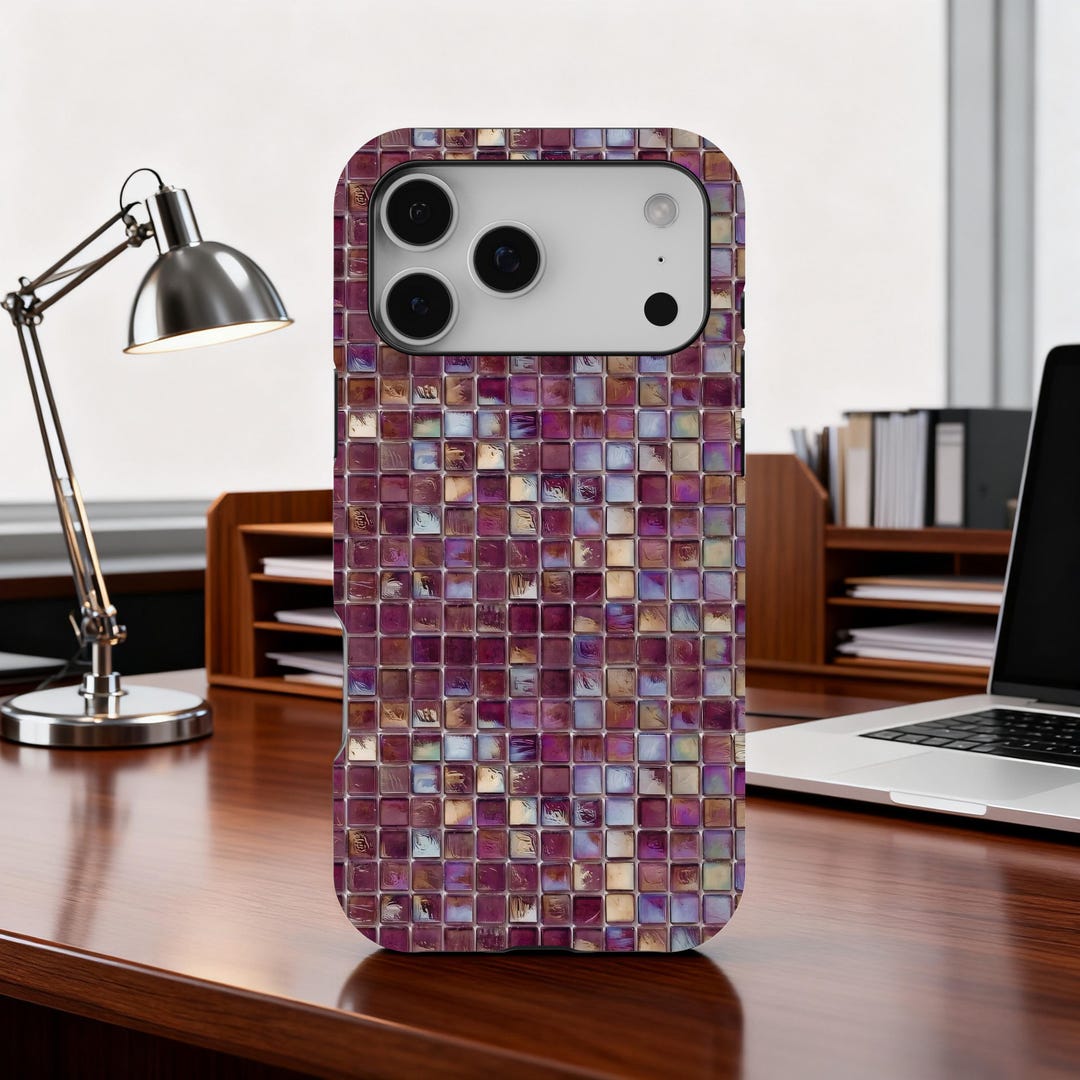 Mosaic Tile Print Phone Case, Burgundy Checkerboard Tough Cover for ...