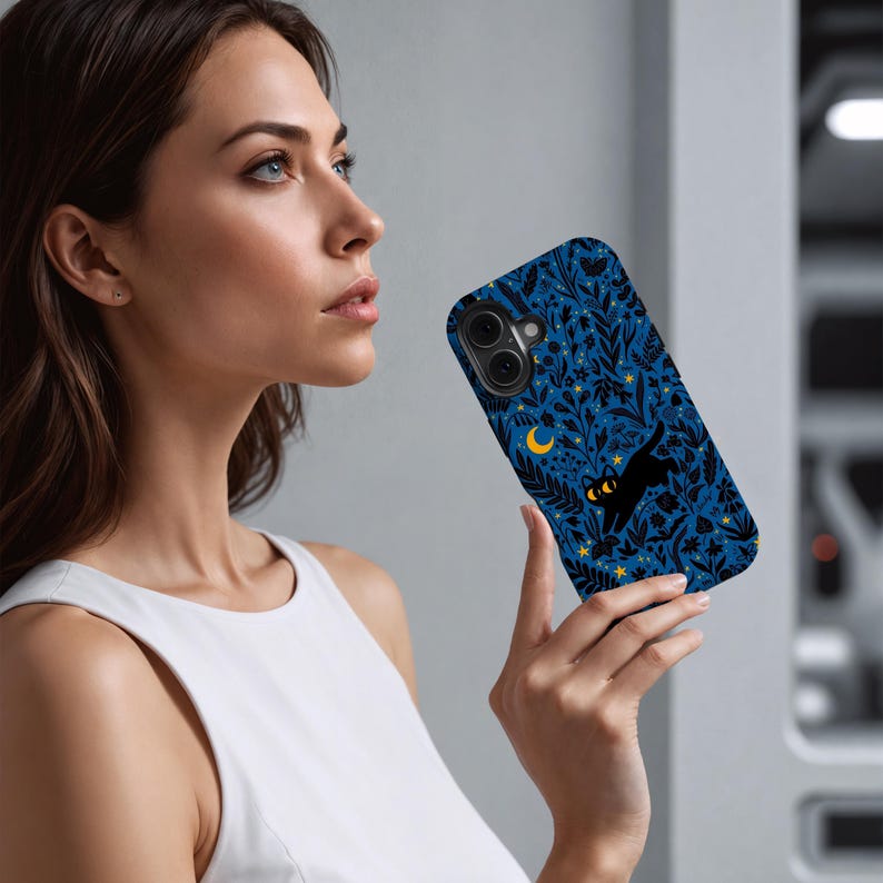 Black Cat Night Forest Phone Case, Celestial Moon and Stars Floral ...