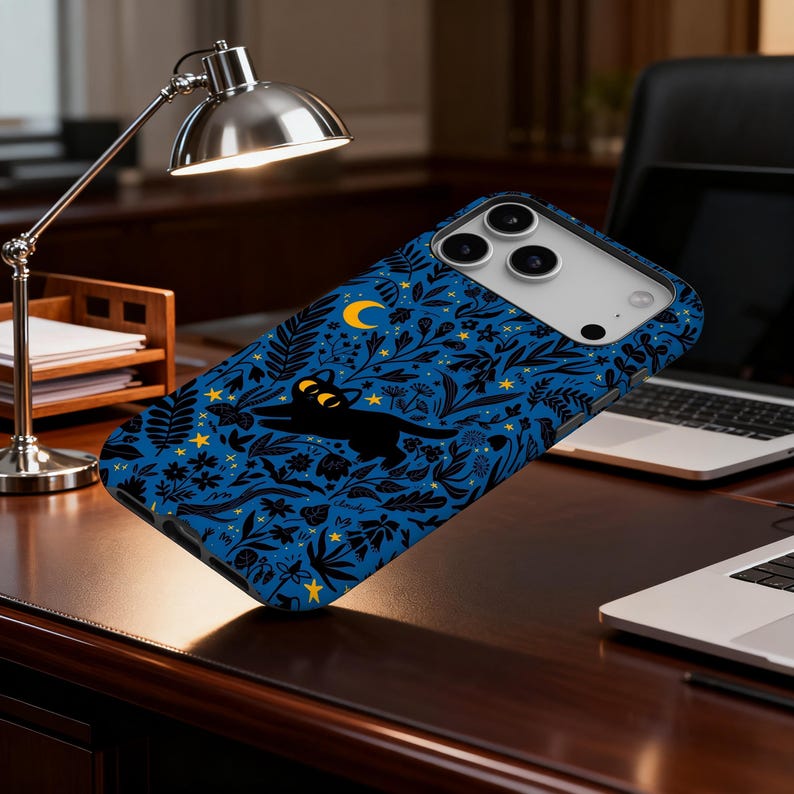 Black Cat Night Forest Phone Case, Celestial Moon and Stars Floral ...